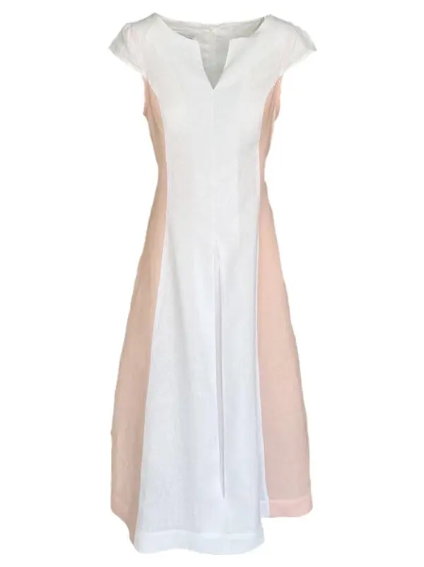 Haris Cotton Linen Maxi Dress With Cup Sleeves And Front Pleat - White/pink