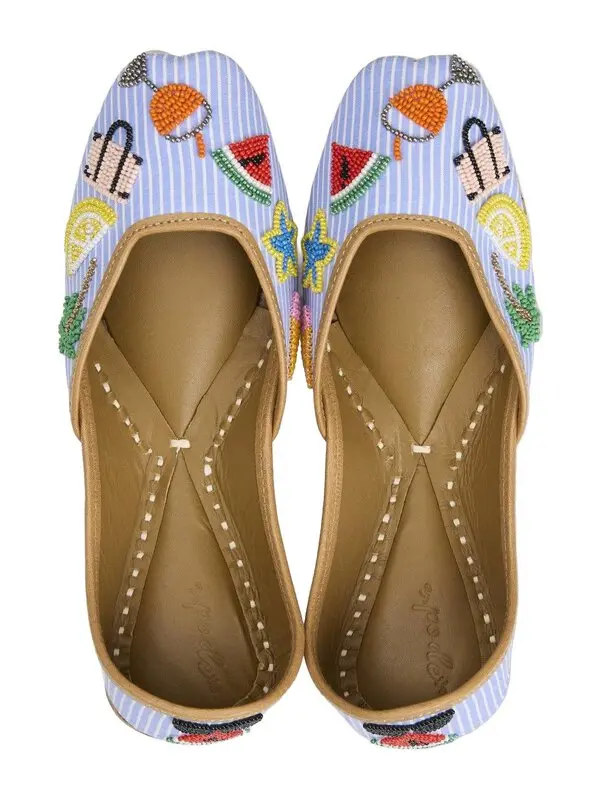 PODE Aperol Travel Embroidered Leather Flats - Blue