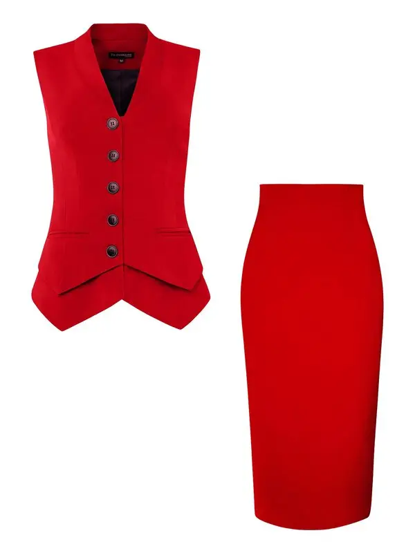TIA DORRAINE Fitted Waistcoat And Skirt Set - Red
