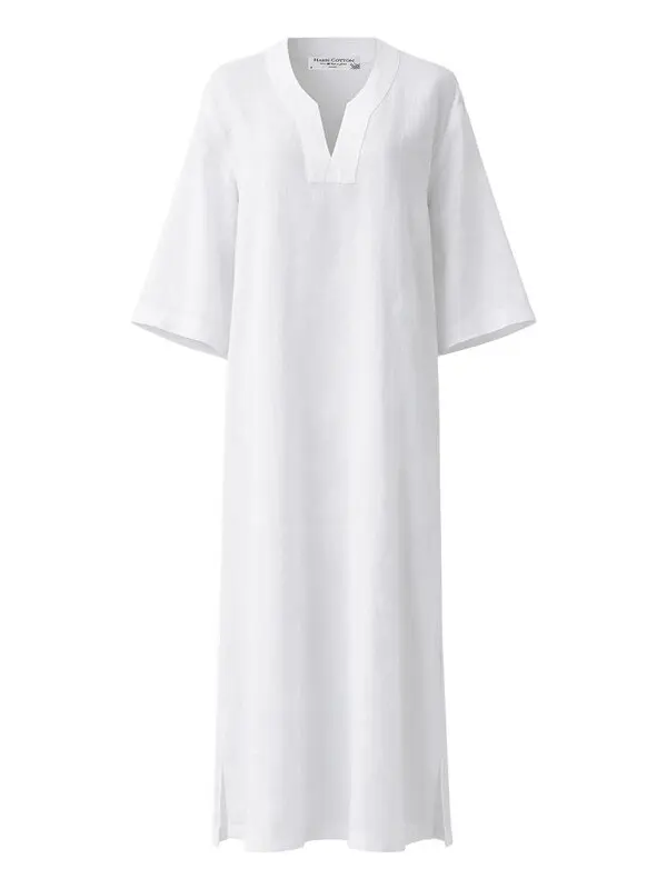 Haris Cotton Linen Kaftan With Mandarin Collar And Open Back - White