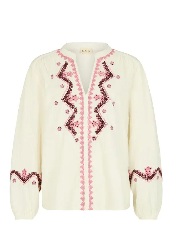 RAFFYA Dina Embroidered Blouse - White