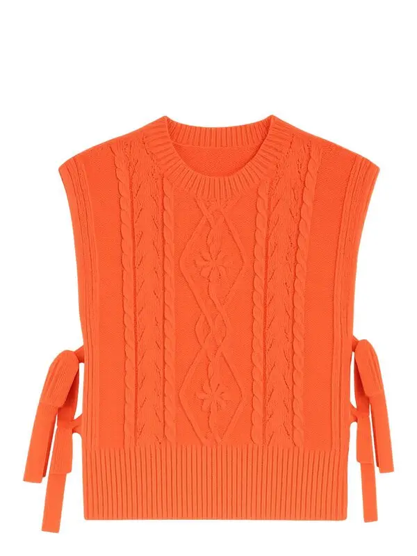 YUMI Flower Cable Knit Pullover With Tie Side - Orange