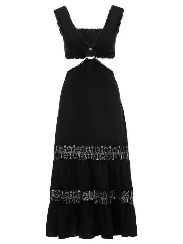 NISSA Lace Detail Viscose Midi Dress - Black