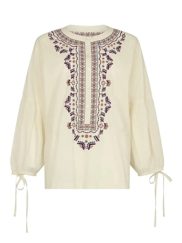 RAFFYA Anai Half Placket Embroidered Blouse - White