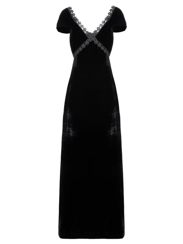 IZABELA MANDOIU Long Silk Velvet Dress With Floral Lace - Black