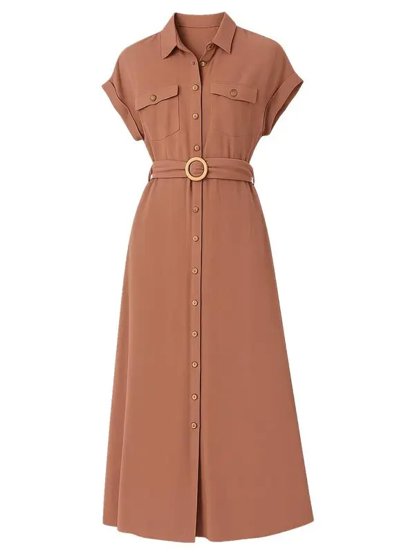 YUMI Viscose Midi Shirt Dress With Belt - Brown