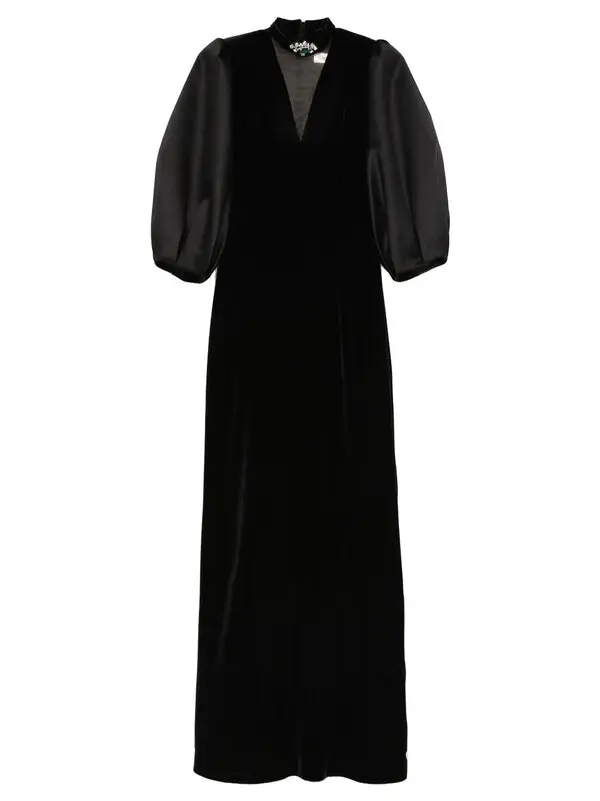 NISSA Puff Sleeves Velvet Midi Dress - Black