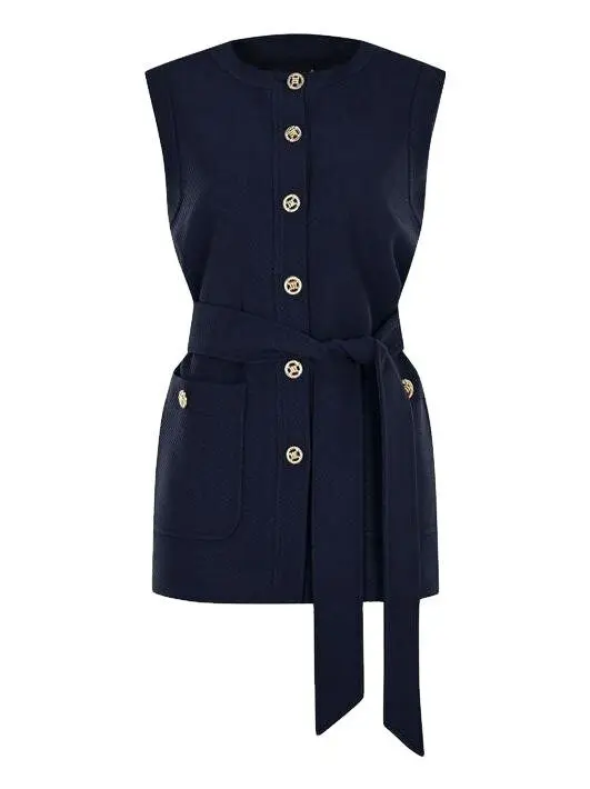 EXQUISE Slim Fit Textured Vest With Gold Button Details - Blue