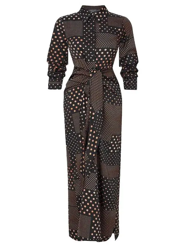 EXQUISE Polka Dot Maxi Shirt Dress - Black/brown