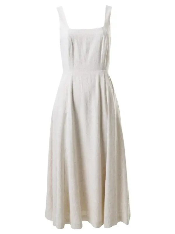 LOUCHE Linen Mix Square Neck Midi Dress - White