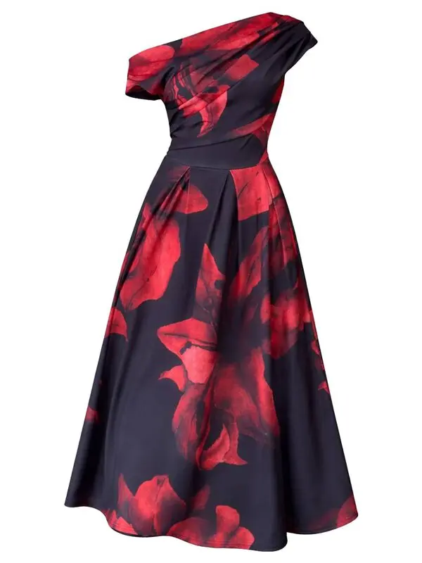 GIRL IN MIND Betty Asymmetric Neckline Skater Midi Dress - Black