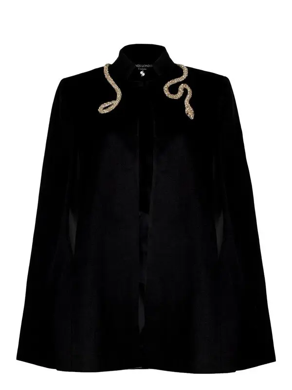 LAINES LONDON Couture Wool Blend Cape With Embellished Wrap - Black