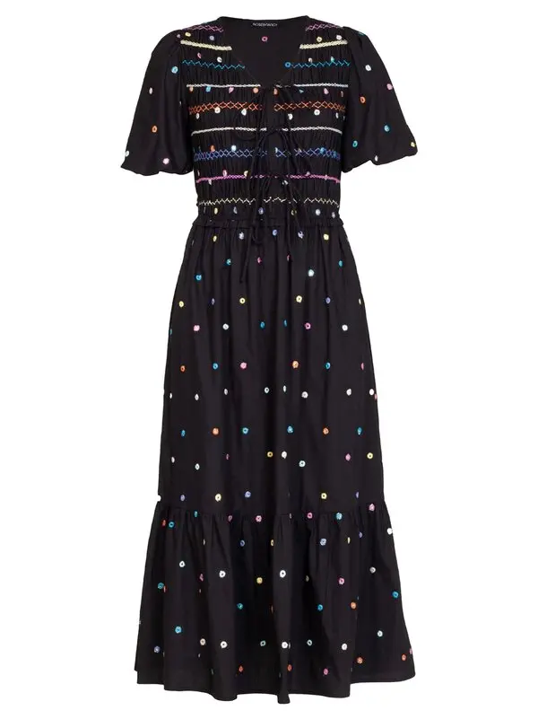 ROSE & NANCY Embroidered Smocked Maxi Dress - Blue/black/red