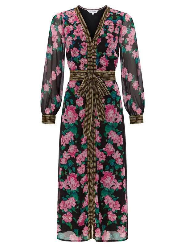 RAISHMA Athena Floral Print Midi Dress - Black