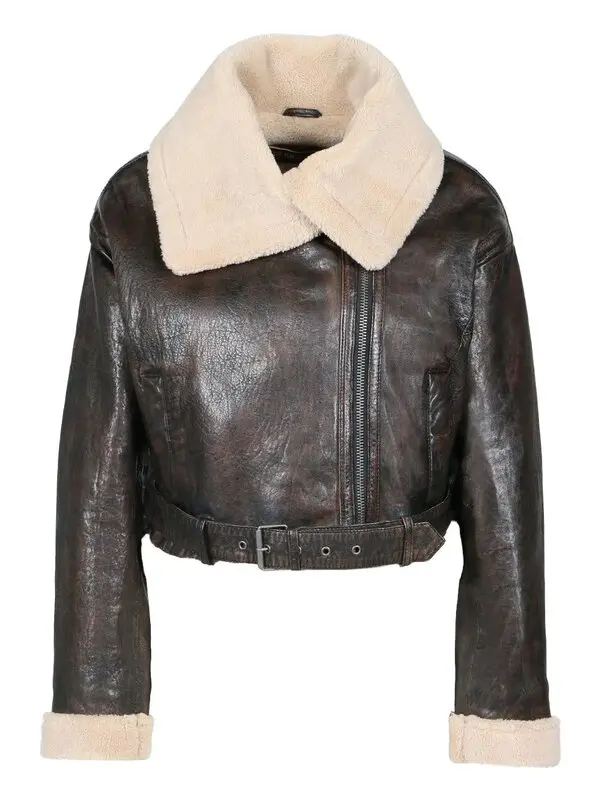 FREAKY NATION Vintage-inspired Aviator Leather Jacket - Brown