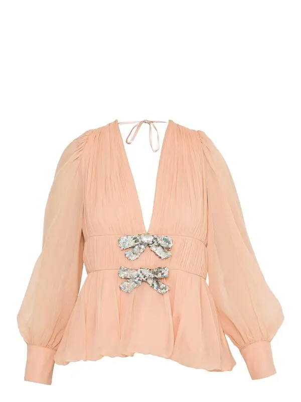 ROSE & NANCY Anais Embellished Bow Long Sleeve Blouse - Pink