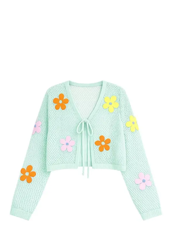 YUMI Floral Design Tie-front Cardigan - Green