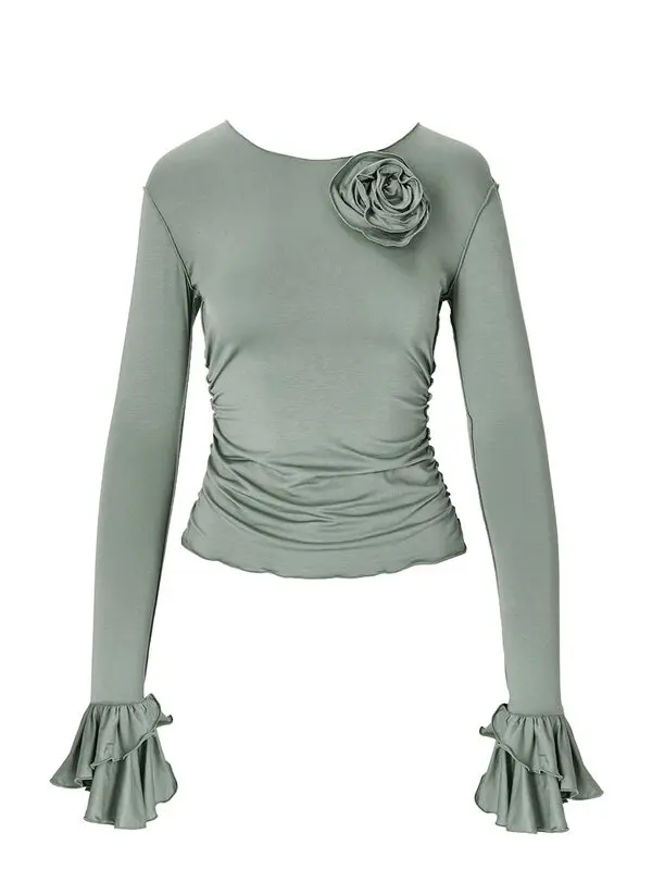 MANDRAGORA Long-sleeve Blouse With Ruffles And Rose Detail - Green
