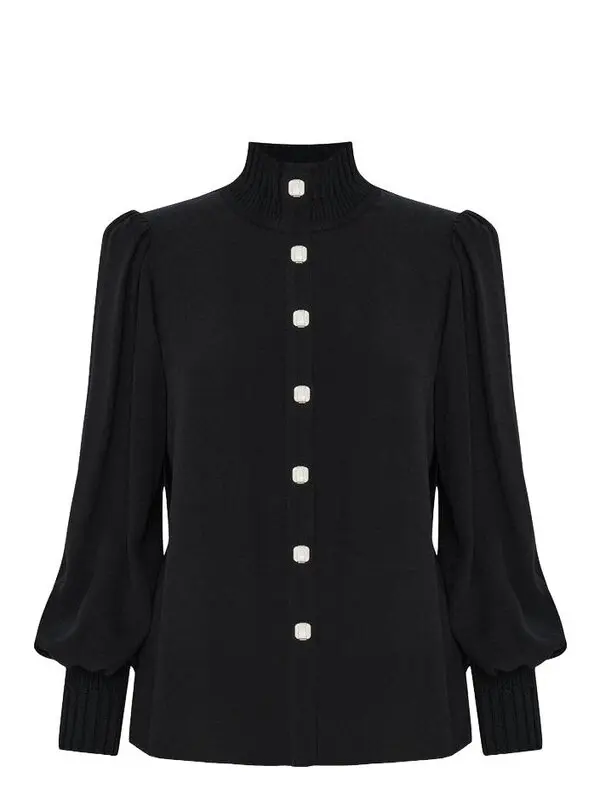 EXQUISE Relaxed High Neck Knit Shirt - Black