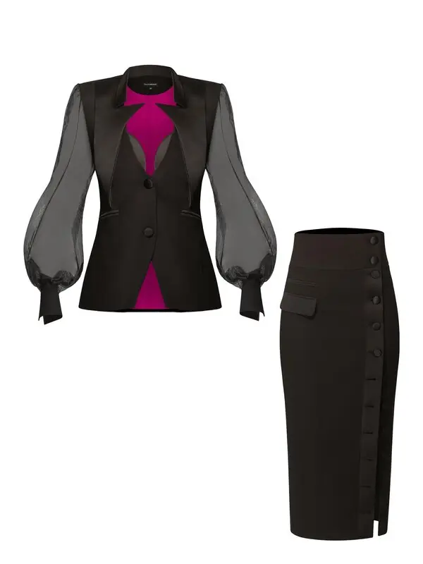 TIA DORRAINE Tailored Blazer And Skirt Set With Organza Sleeves - Black