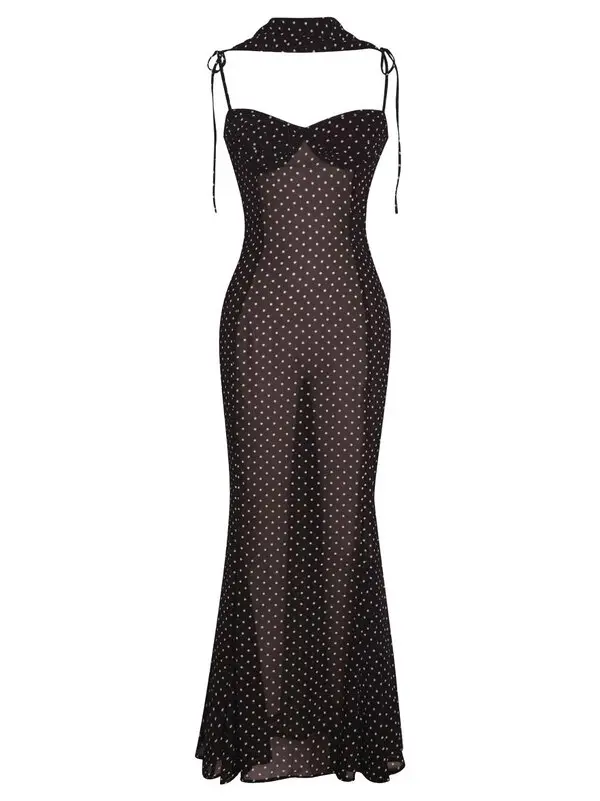 MISS CIRCLE NEW YORK Yadira Polka Dot Chiffon Maxi Dress With Scarf - Brown
