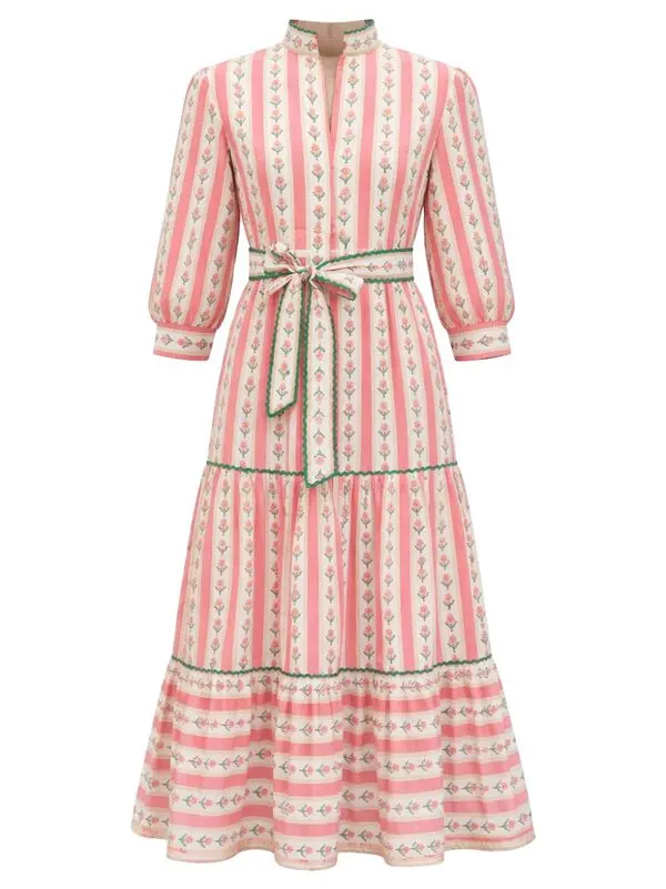 ECHO OF PINK Tiered Floral Printed Midi Shirt Dress - Pink