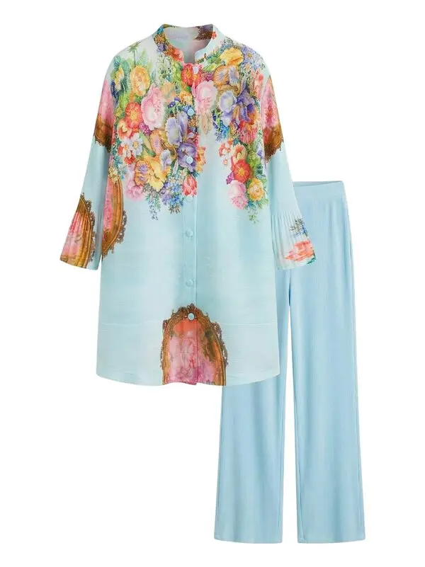 CY BOUTIQUE Pleated Floral Print Shirt And Trousers Set - Blue