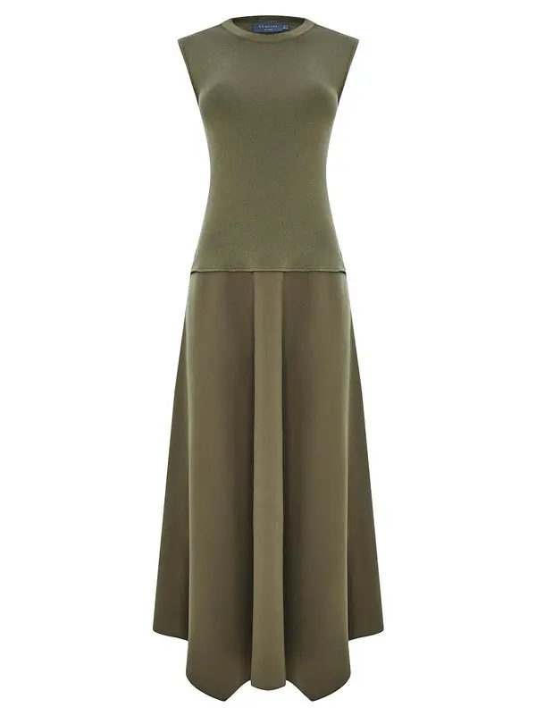 EXQUISE Regular Ribbed Top Sleeveless Poplin Skirt Dress - Green
