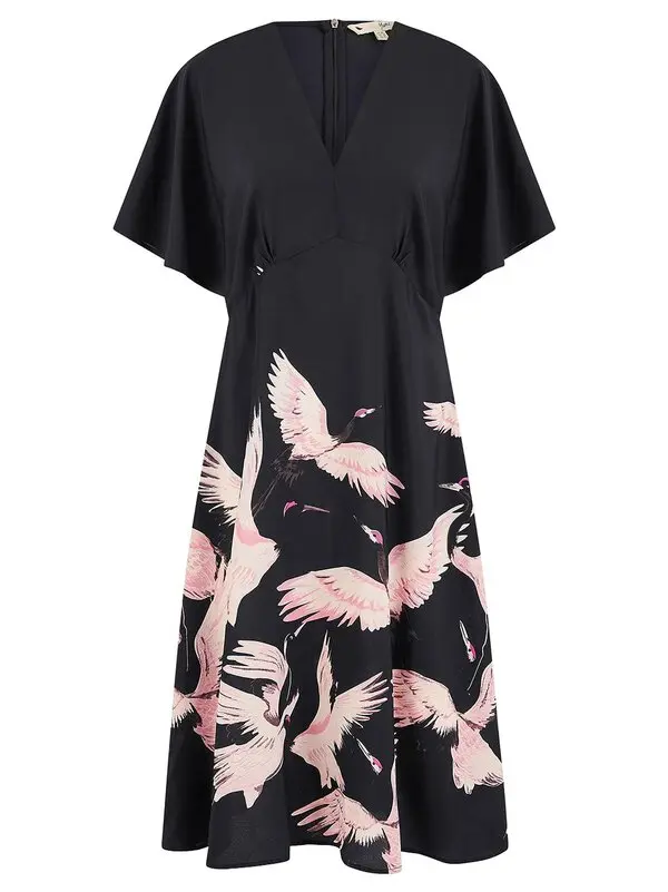 YUMI Recycled Fabric Crane Print Kimono Midi Dress - Black