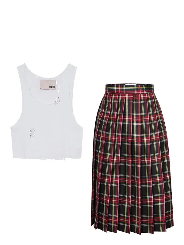 COME ON Ribbed Tank Top And Tartan Pleated Skirt Outfit - Black