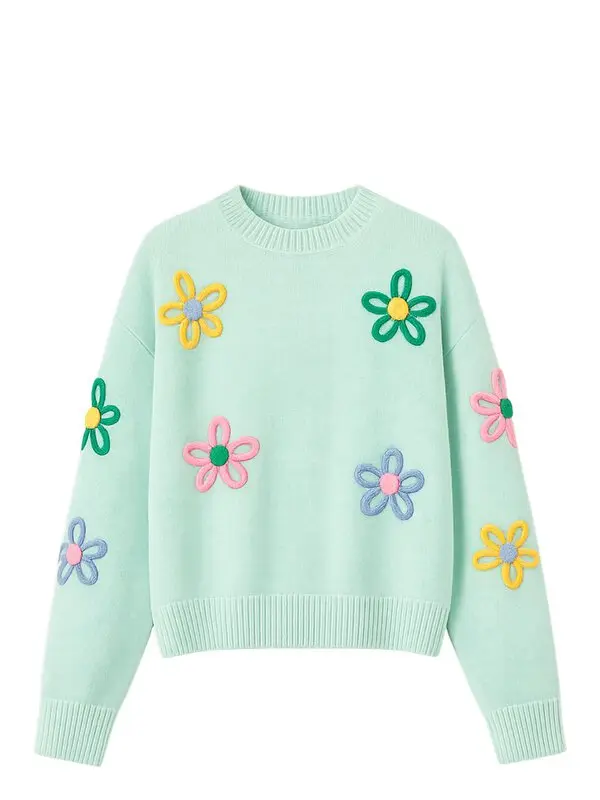 YUMI Relaxed Flower Embroidered Jumper - Green