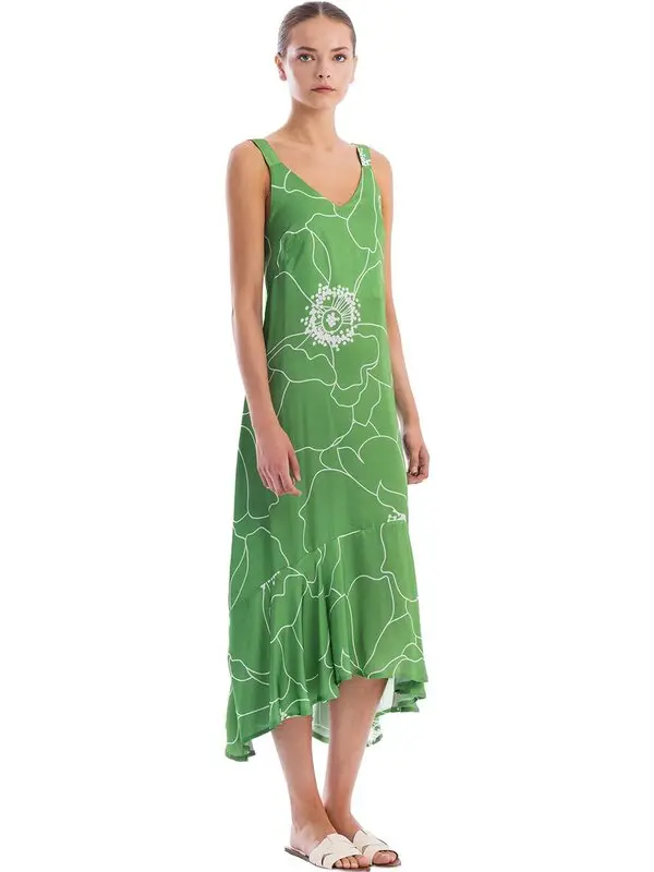 Haris Cotton Printed Satin Maxi Dress With Ruffled Hem - Green
