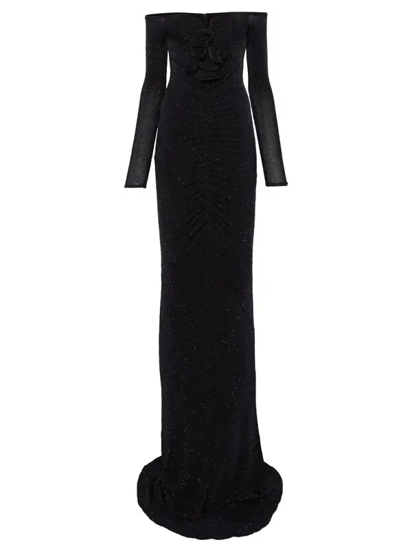 NISSA Floral-detail Ruched Maxi Dress - Black