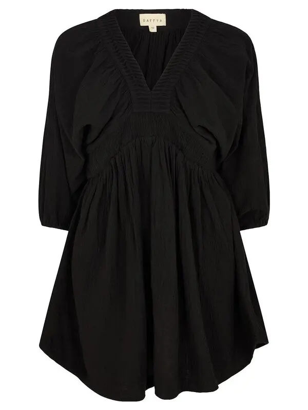 RAFFYA Soipoi Ruched V-neck Mini Dress - Black
