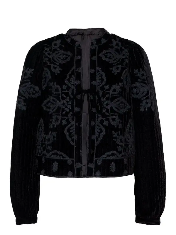 ROSE & NANCY Lori Embroidered Velvet Quilted Jacket - Black/grey