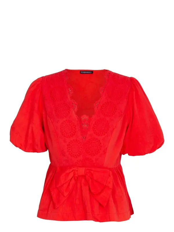 ROSE & NANCY Lace Trimmed Bow Blouse - Red