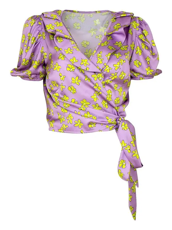 LALIPOP DESIGN Floral Print Double-breasted Satin Blouse - Purple