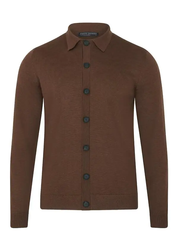 PAUL JAMES KNITWEAR Extra Fine Merino Wool Cassius Polo Cardigan - Brown