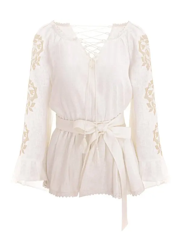 IZABELA MANDOIU Linen Blouse With Floral Embroidery - Beige