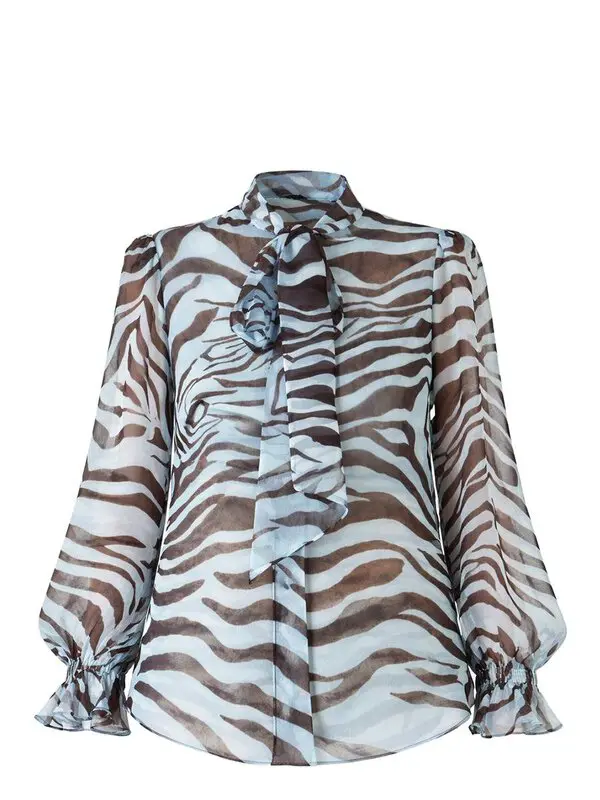 EXQUISE Zebra Print Scarf Neck Blouse - Blue
