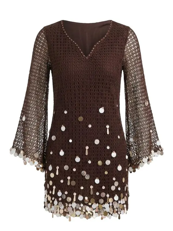GLAM ON YOU Ariel Kaftan Short Embellished Lace Kaftan With Seashell Charms - Brown