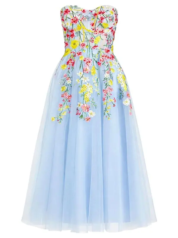 Mac Duggal Floral Embroidered A-line Midi Dress - Blue