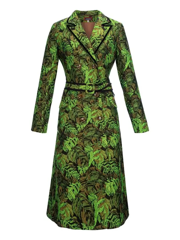 ANDREEVA Floral Print Jacquard Coat With Detachable Ostrich Feather Cuffs - Green