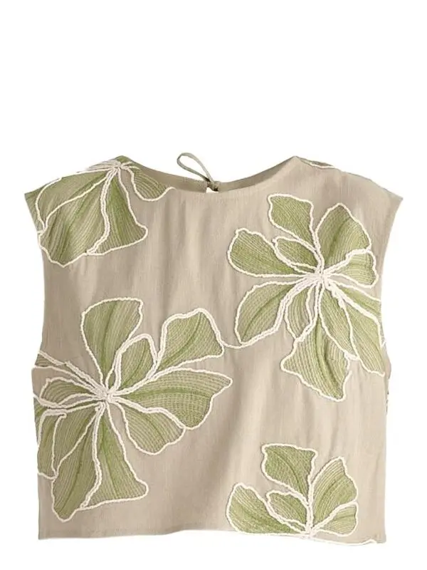 PAISIE Floral Embroidered Linen Blend Cropped Top - Green