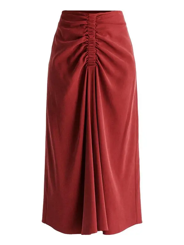 PAISIE Ruched Front Midi Skirt - Red