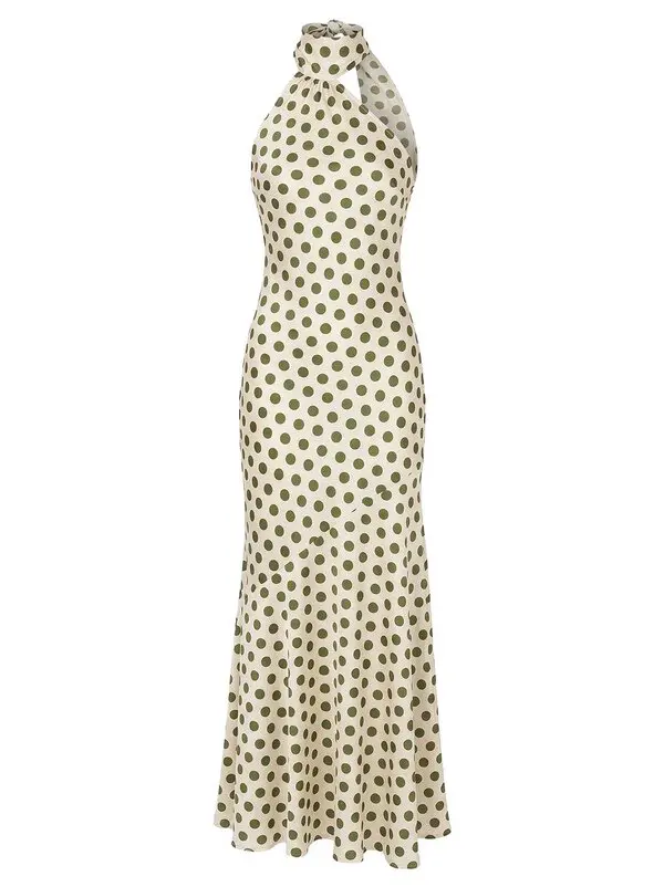 AMY LYNN Polka Dot Satin Halter Dress - Green