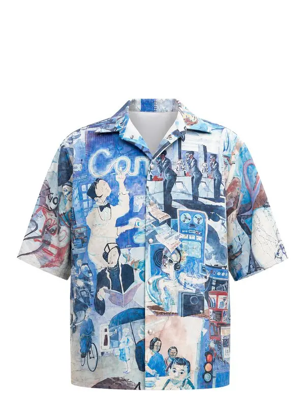 MYSIMPLICATED Short Sleeve Shirt In With Graffiti Design Recycled Fabric - Blue