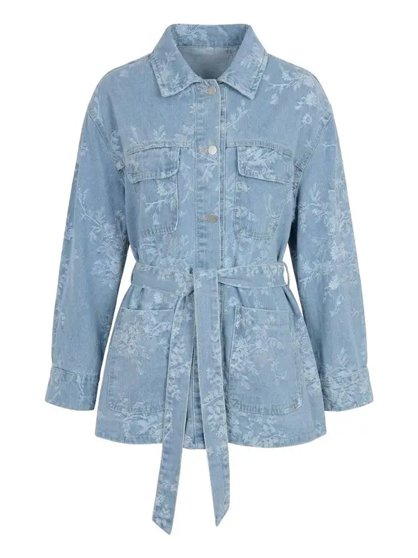 MODENAIRE Floral Jacquard Denim Jacket With Belt - Blue