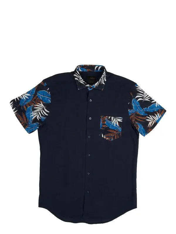 EIGHT X Navy Linen Short Sleeve Shirt With Botanical Print - Blue