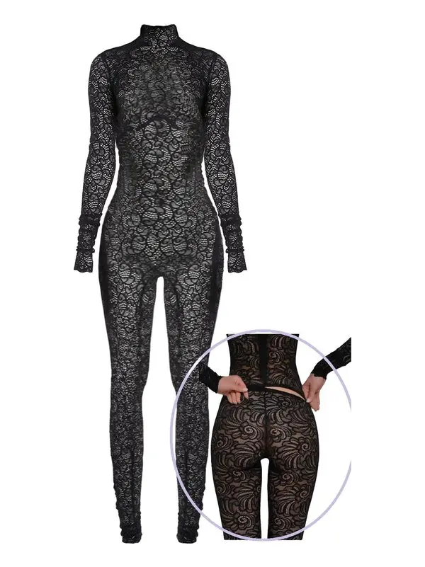 MONOSUIT Floral Lace Long Sleeve Turtleneck Bodysuit - Black